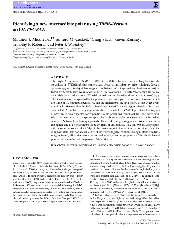(PDF) Identifying a new intermediate polar using XMM-Newton and INTEGRAL