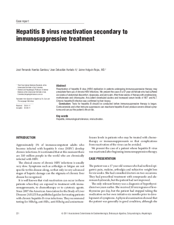 (PDF) Hepatitis B virus reactivation secondary to immunosuppressive ...