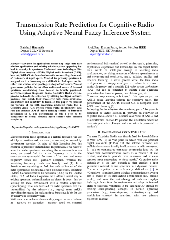 Pdf Transmission Rate Prediction For Cognitive Radio Using Adaptive Neural Fuzzy Inference System