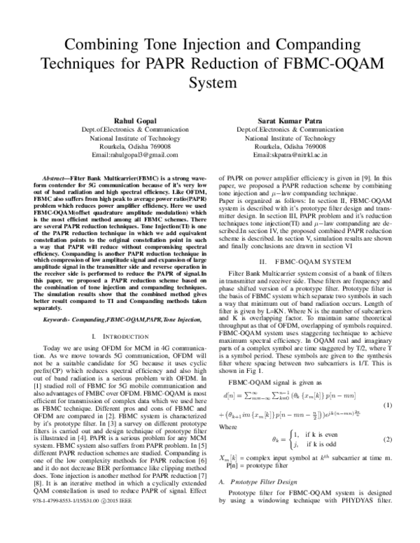 (PDF) Combining tone injection and companding techniques for PAPR reduction of FBMC-OQAM system