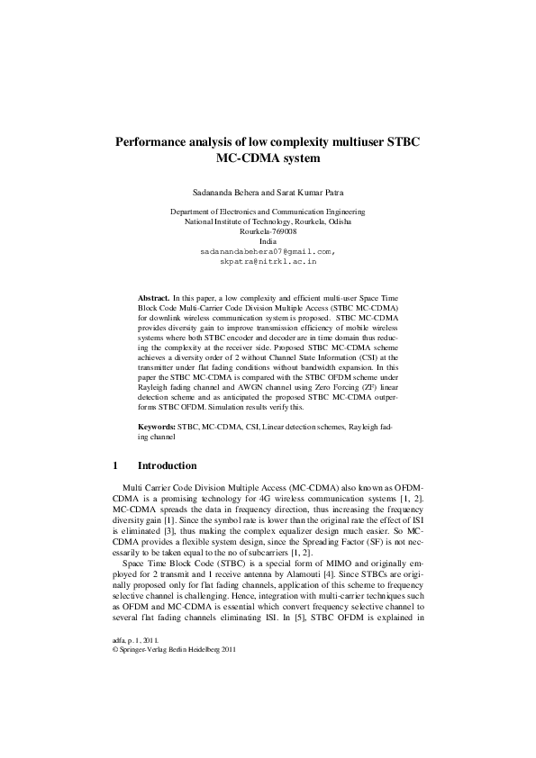 Pdf Performance Analysis Of Low Complexity Multiuser Stbc Mc Cdma System 3378