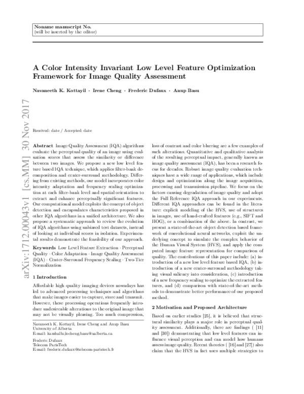 Pdf A Color Intensity Invariant Low Level Feature Optimization Framework For Image Quality