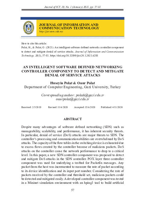 Pdf An Intelligent Software Defined Networking Controller Component To Detect And Mitigate