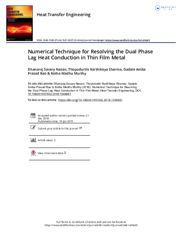 Pdf Numerical Technique For Resolving The Dual Phase Lag Heat Conduction In Thin Film Metal