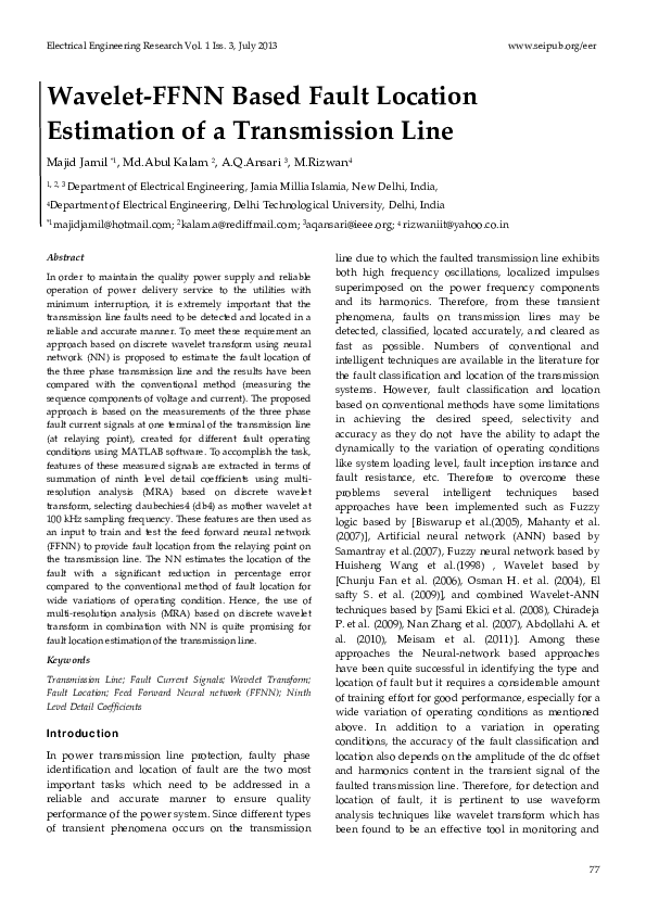 (PDF) Wavelet-FFNN based Fault Location Estimation of a Transmission Line