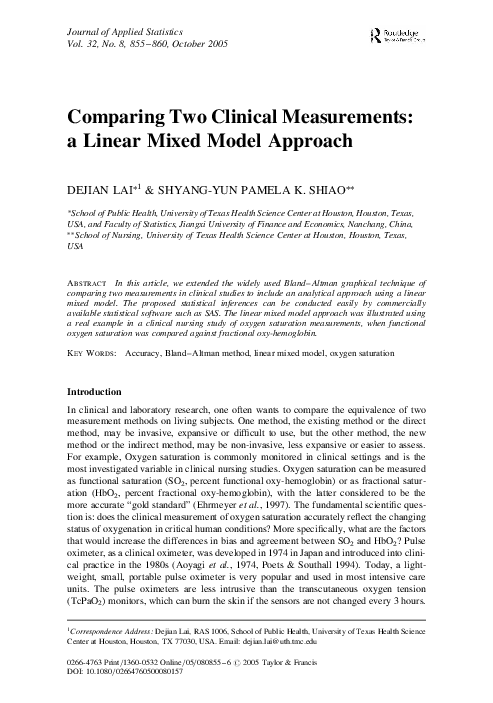 (PDF) Comparing two clinical measurements: a linear mixed model approach