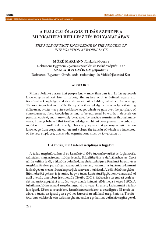 (PDF) A hallgatólagos tudás szerepe a munkahelyi beilleszkedés folyamatában = The role of tacit ...