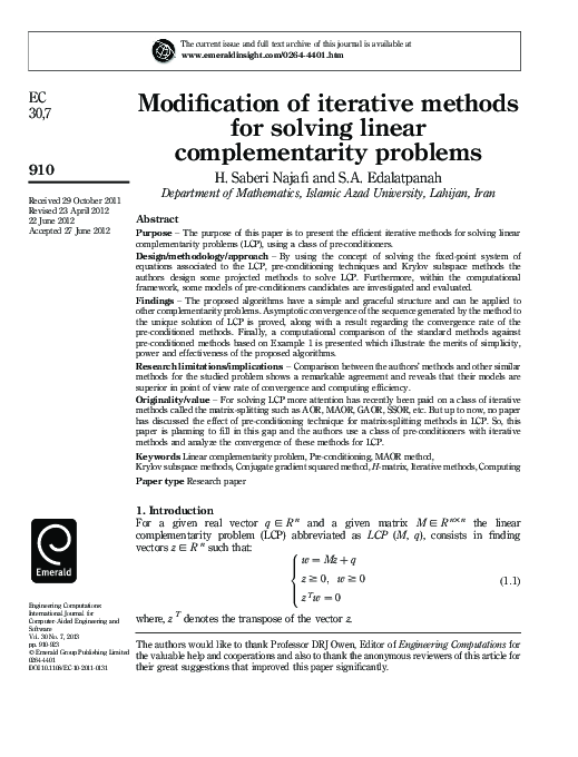 (PDF) Modification of iterative methods for solving linear complementarity problems