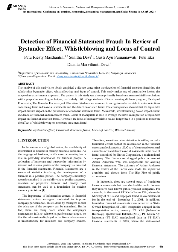 (PDF) Detection of Financial Statement Fraud: In Review of Bystander Effect, Whistleblowing and ...