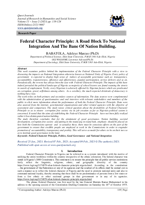 (PDF) Federal Character Principle: A Road Block To National Integration ...