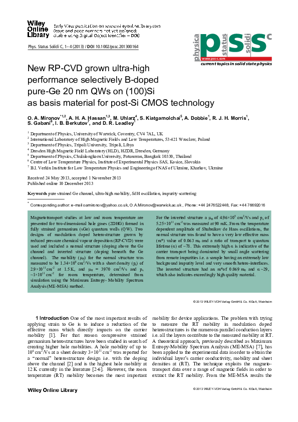 (PDF) New RP-CVD grown ultra-high performance selectively B-doped pure-Ge 20 nm QWs on (100)Si ...