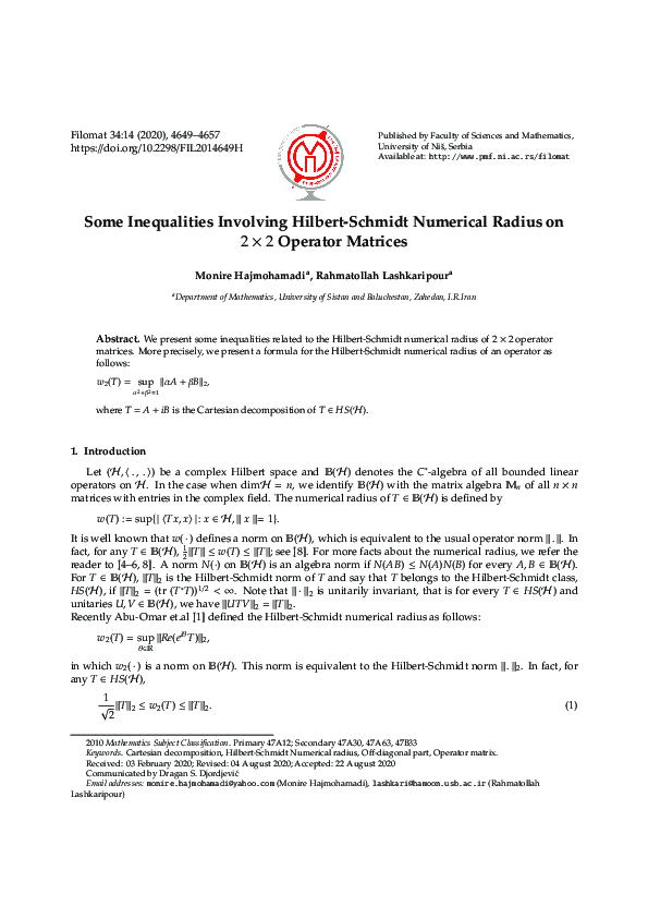 (PDF) Some inequalities involving Hilbert-Schmidt numerical radius on 2 x 2 operator matrices