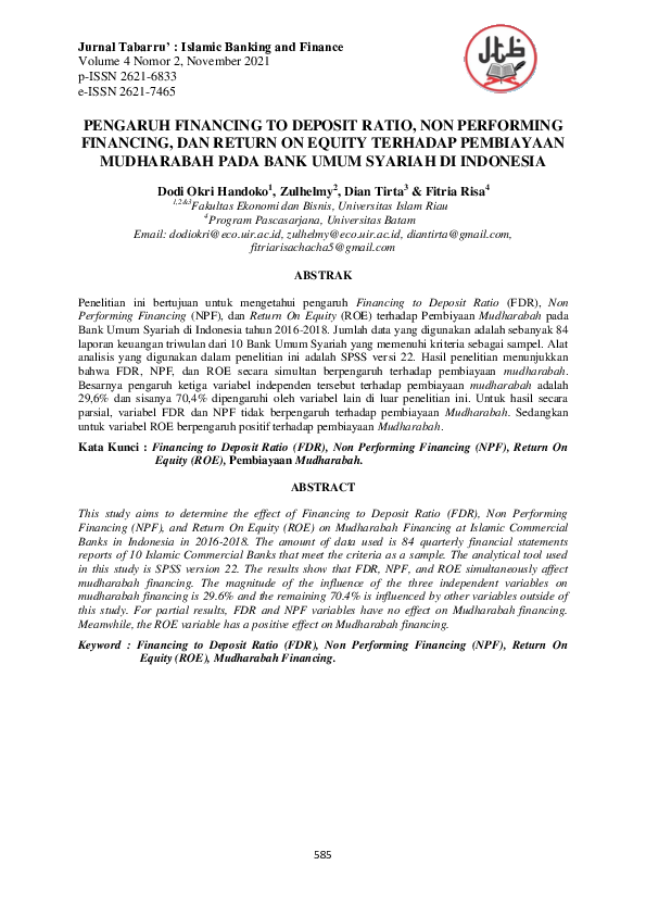 (PDF) Pengaruh Financing to Deposit Ratio, Non Performing Financing, dan Return on Equity ...