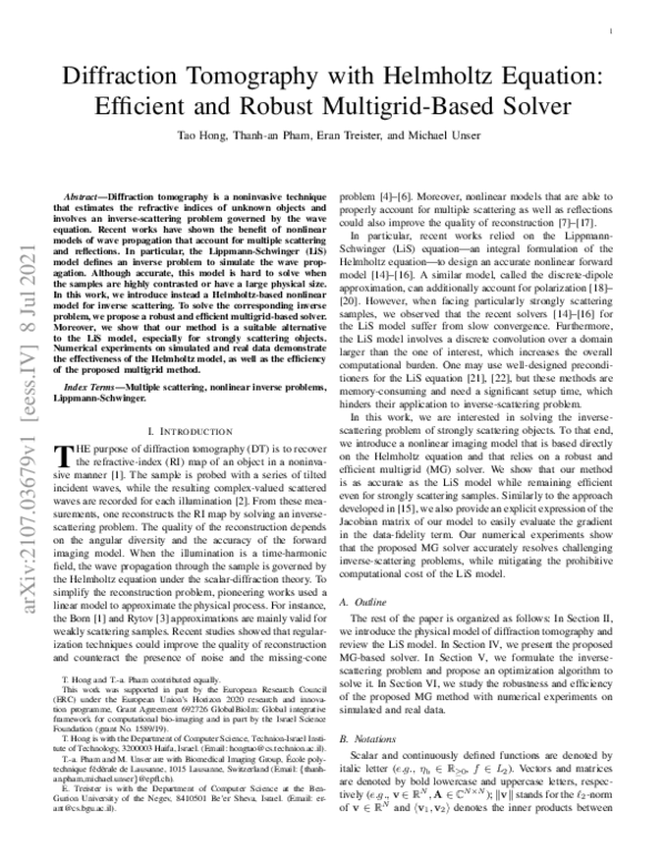 Pdf Diffraction Tomography With Helmholtz Equation Efficient And Robust Multigrid Based Solver