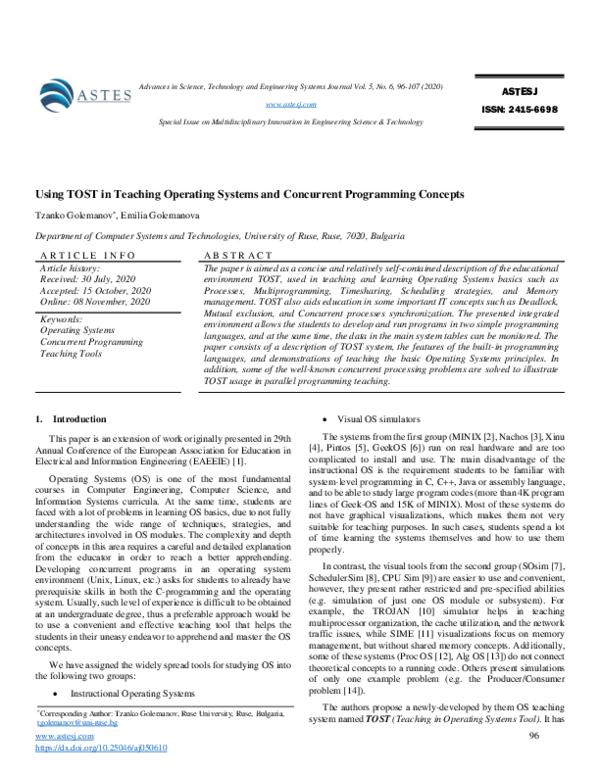 (PDF) Using TOST in Teaching Operating Systems and Concurrent Programming Concepts