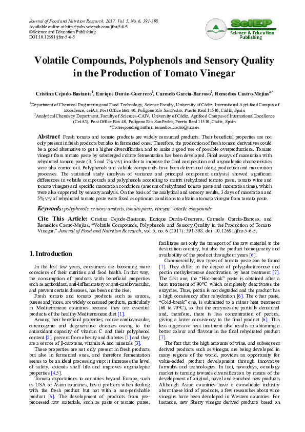 (PDF) Volatile Compounds, Polyphenols and Sensory Quality in the Production of Tomato Vinegar
