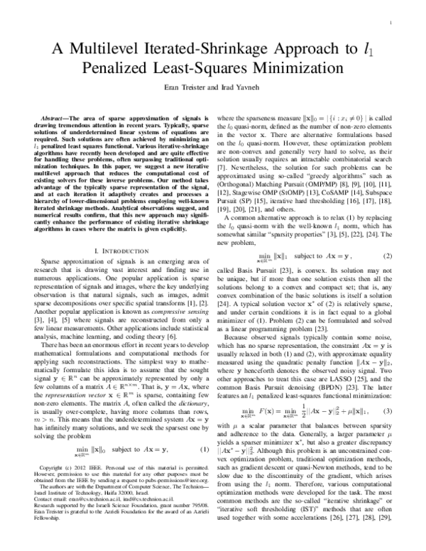 Pdf A Multilevel Iterated Shrinkage Approach To L {1} Penalized
