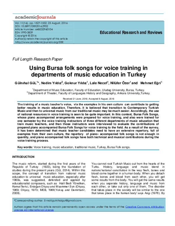(PDF) Using Bursa Folk Songs for Voice Training in Departments of Music ...