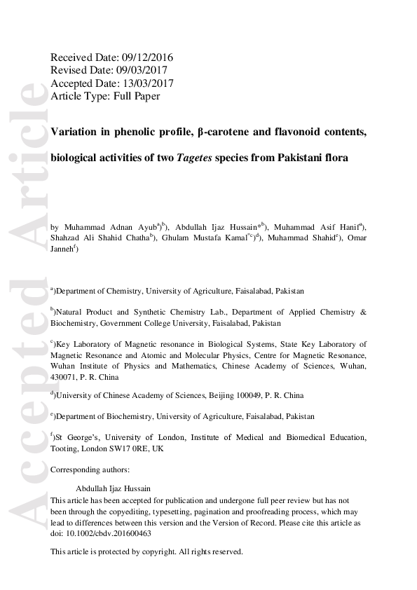 (PDF) Variation in phenolic profile, β-carotene and flavonoid contents, biological activities of ...