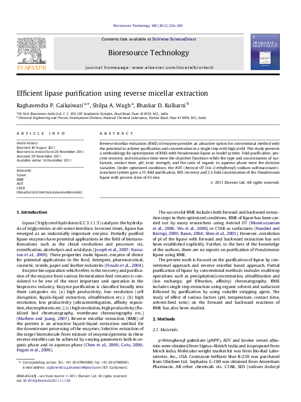 Pdf Efficient Lipase Purification Using Reverse Micellar Extraction
