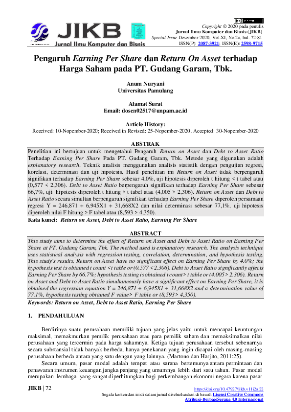 (PDF) Pengaruh Earning Per Share dan Return On Asset terhadap Harga Saham pada PT. Gudang Garam, Tbk