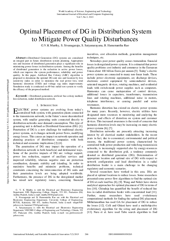 Pdf Optimal Placement Of Dg In Distribution System To Mitigate Power Quality Disturbances