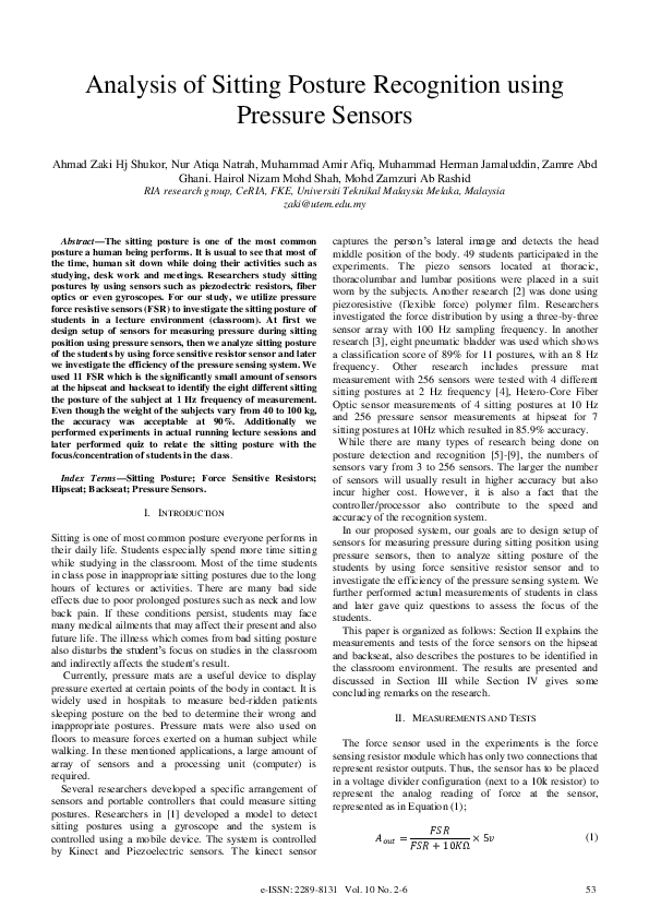 Pdf Analysis Of Sitting Posture Recognition Using Pressure Sensors