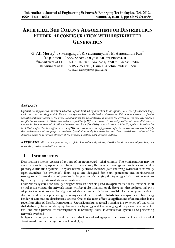 Pdf Artificial Bee Colony Algorithm For Distribution Feeder Reconfiguration With Distributed