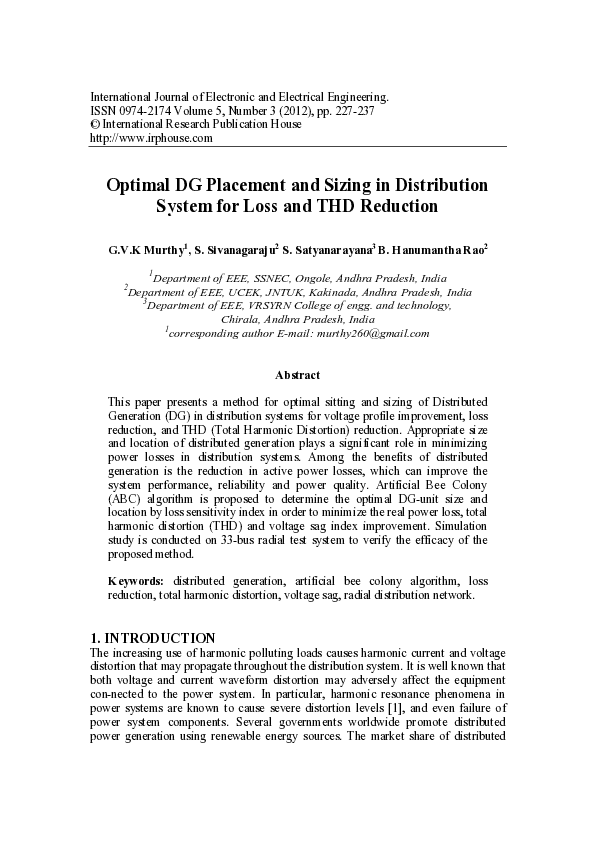 Pdf Optimal Dg Placement And Sizing In Distribution System For Loss And Thd Reduction