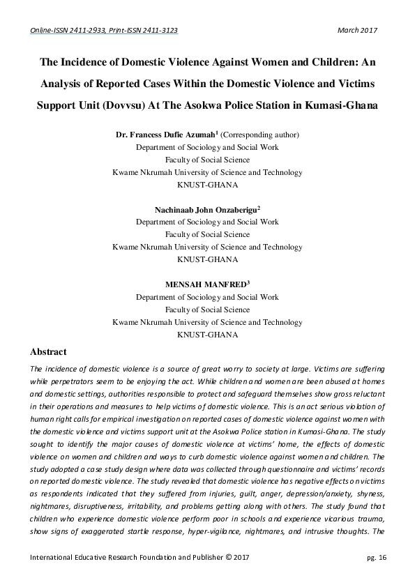 (PDF) Incidence of Domestic Violence Against Women and Children
