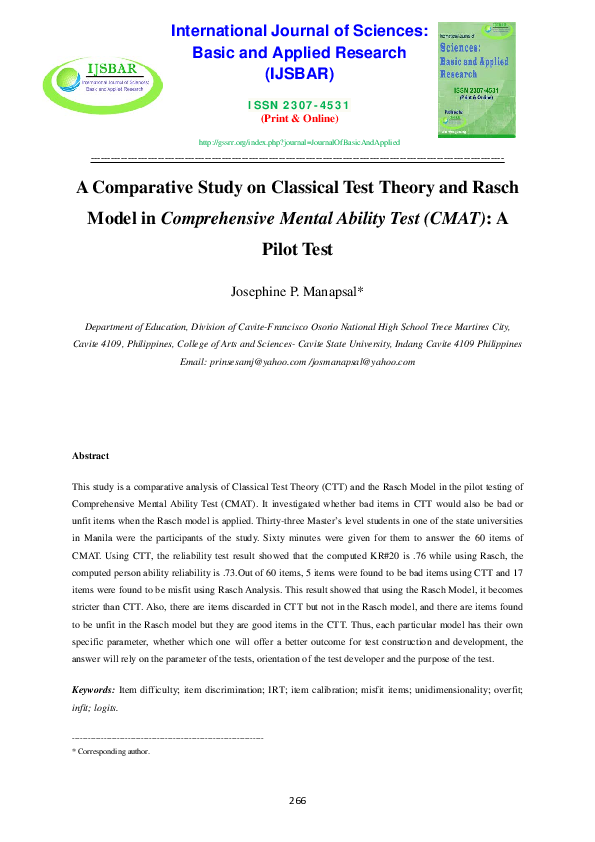 (PDF) A Comparative Study on Classical Test Theory and Rasch Model in ...