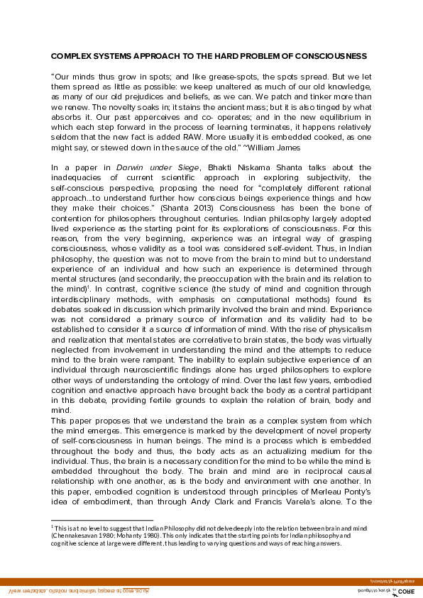 (PDF) Complex Systems Approach to the Hard Problem of Consciousness