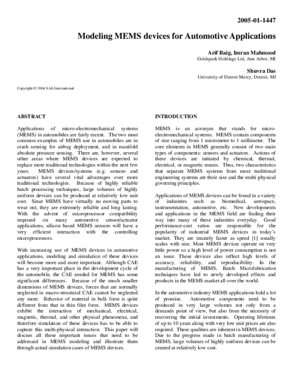 Pdf Modeling Mems Devices For Automotive Applications