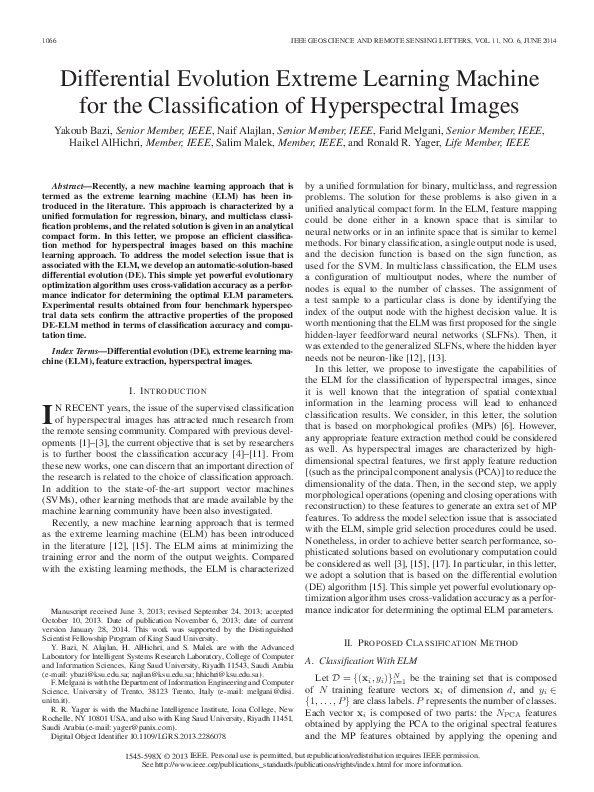 Pdf Differential Evolution Extreme Learning Machine For The Classification Of Hyperspectral Images