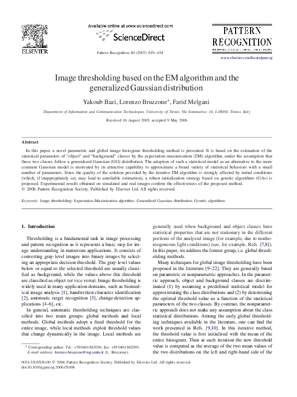 Pdf Image Thresholding Based On The Em Algorithm And The Generalized