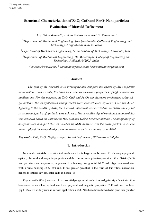(PDF) Structural Characterization of ZnO, CuO and Fe2O3 Nanoparticles: Evaluation of Rietveld ...