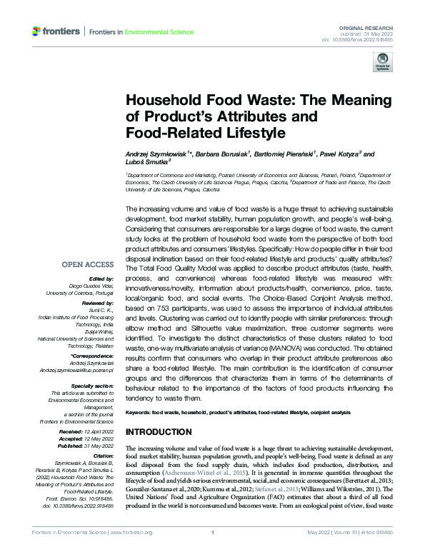 (PDF) Household Food Waste: The Meaning of Product’s Attributes and ...