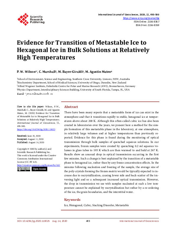(PDF) Evidence for Transition of Metastable Ice to Hexagonal Ice in ...