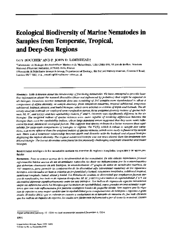 (PDF) Ecological Biodiversity of Marine Nematodes in Samples from ...