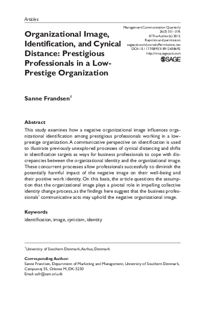 (PDF) Organizational Image, Identification, and Cynical Distance