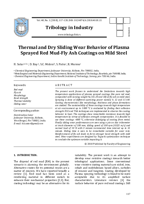 (PDF) Thermal and Dry Sliding Wear Behavior of Plasma Sprayed Red Mud ...