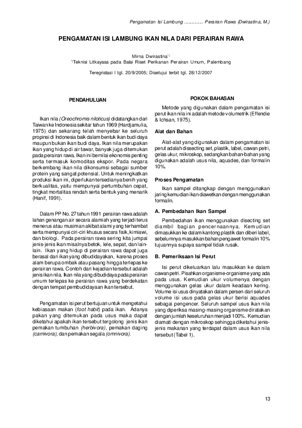 (PDF) Pengamatan Isi Lambung Ikan Nila Dari Perairan Rawa