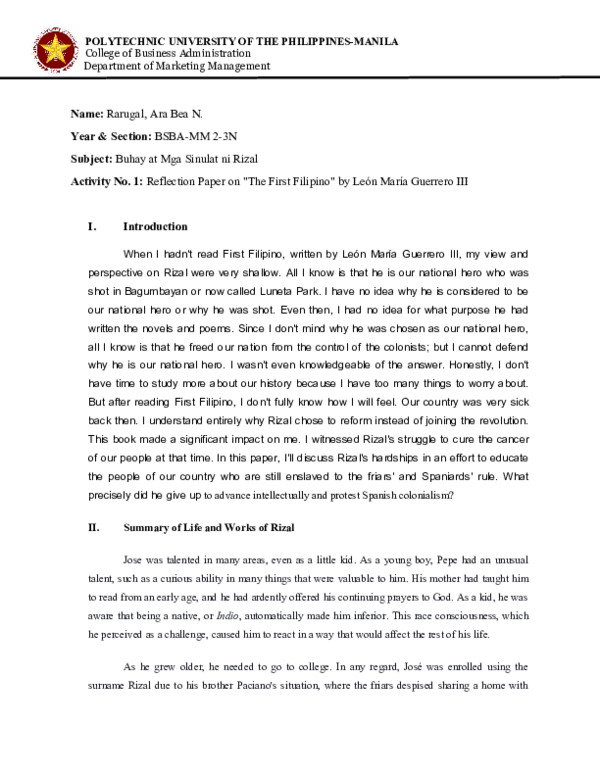 (DOC) Reflection Paper on "The First Filipino" by León Maria Guerrero III'