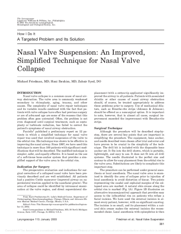 Pdf Nasal Valve Suspension An Improved Simplified Technique For Nasal Valve Collapse Hani