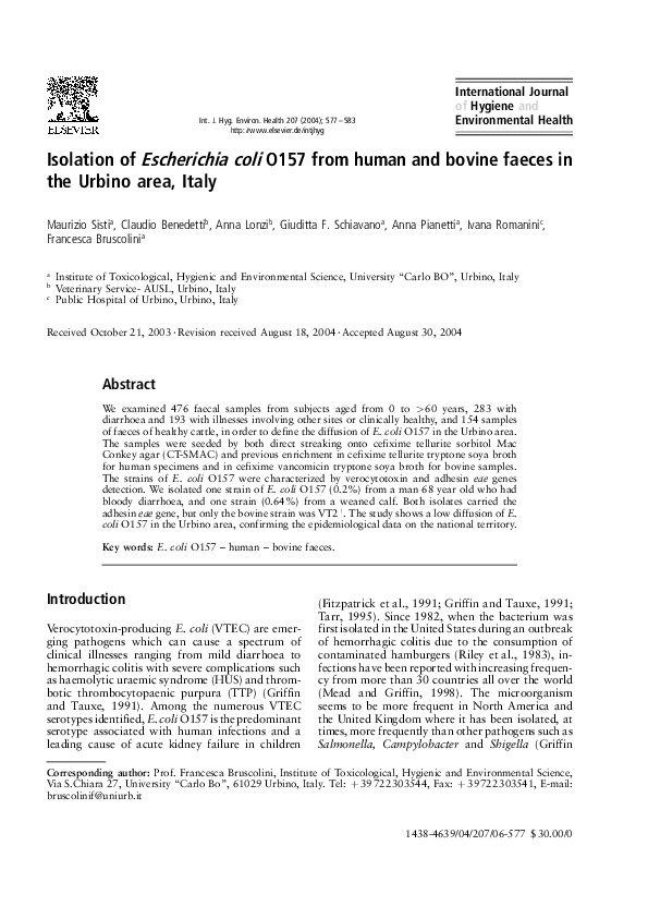(PDF) Isolation of Escherichia coli O157 from human and bovine faeces ...