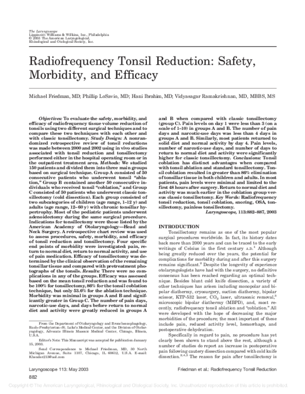 (PDF) Radiofrequency Tonsil Reduction: Safety, Morbidity, and Efficacy