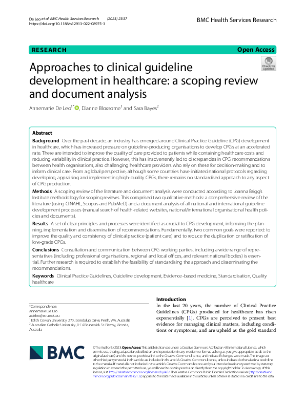 (PDF) Approaches to clinical guideline development in healthcare: a scoping review and document ...