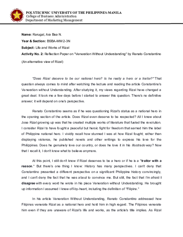 (DOC) Reflection Paper on "Veneration Without Understanding" by Renato Constantino (An ...