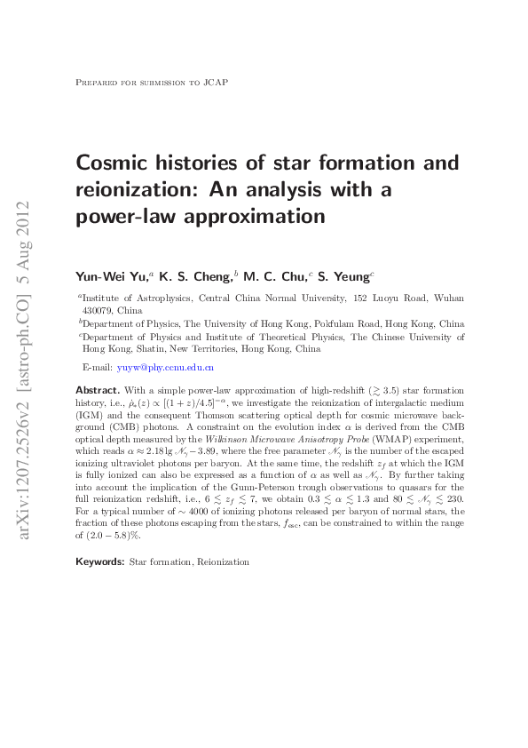 (PDF) Cosmic histories of star formation and reionization: an analysis ...