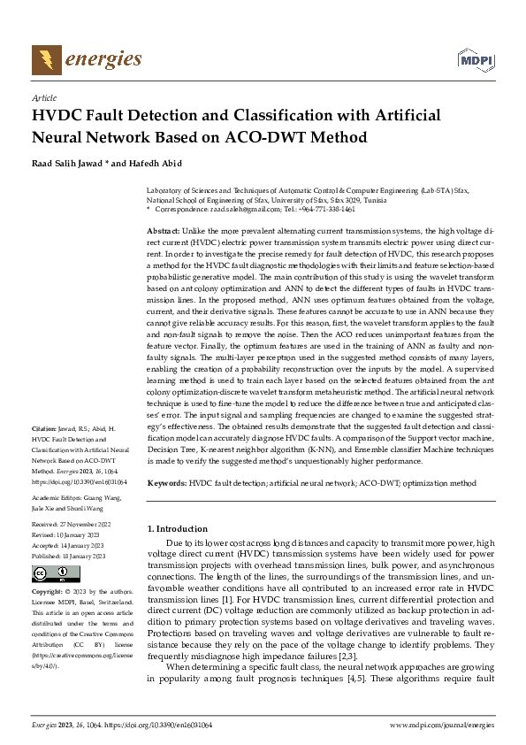 Pdf Hvdc Fault Detection And Classification With Artificial Neural Network Based On Aco Dwt